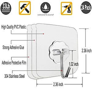 Jwxstore Wall Hooks for Hanging 33lb(Max) Heavy Duty Self Adhesive Hooks 24 Pack Transparent Waterproof Sticky Hooks for Keys Bathroom Shower Outdoor Kitchen Door Home Improvement Utility Hooks
