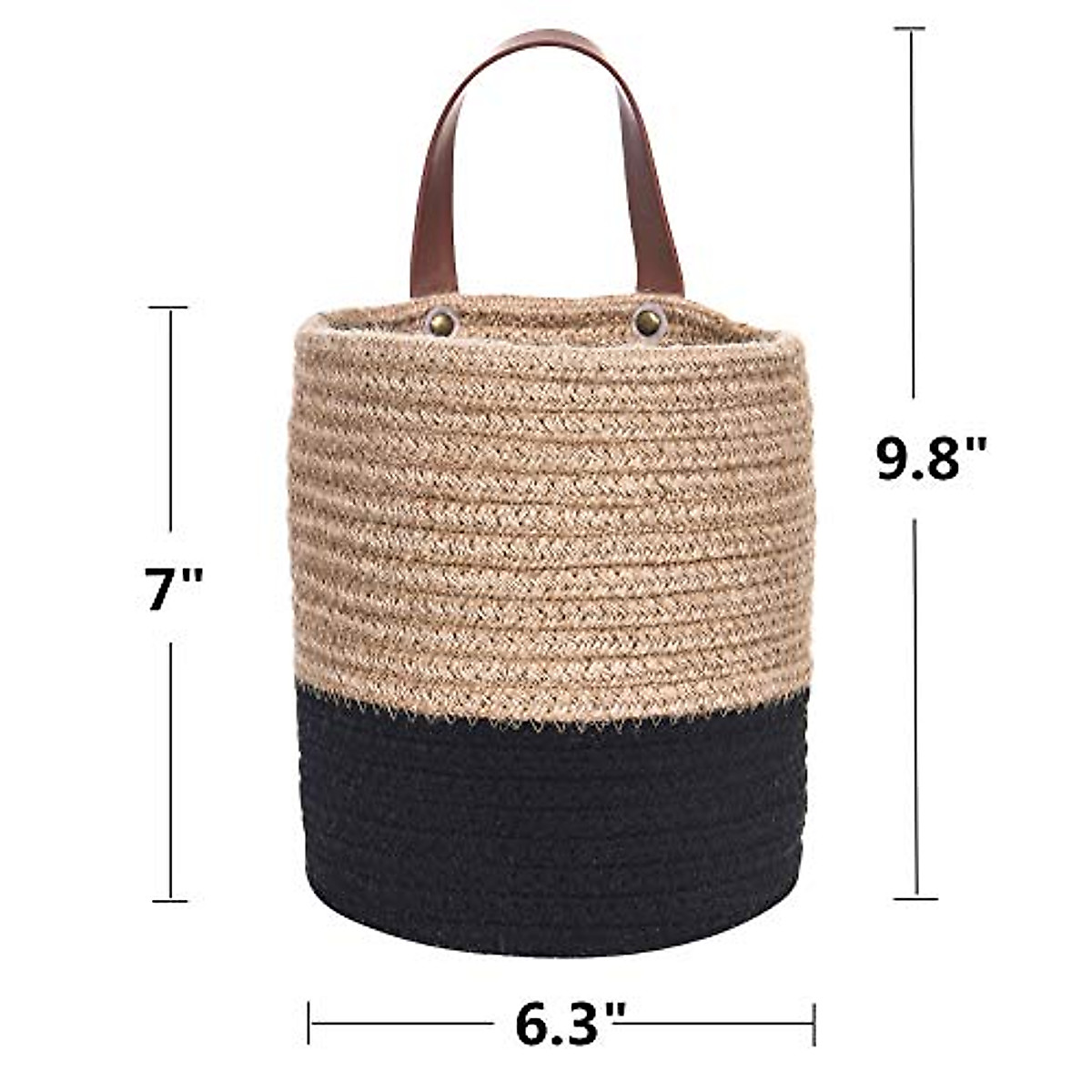 ZFRXZ Wall Hanging Basket - 6.3" x 7" Small Cotton Rope Baskets with Handle Storage Bins for Door Closet- Woven Basket Organizer for Flower Plants, Towels,Toys (Jute & Black)