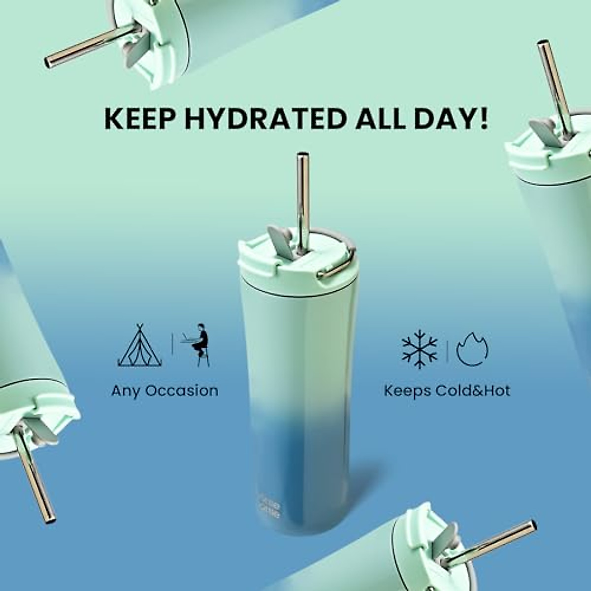 BOTTLE BOTTLE Insulated Coffee Tumblers with Dual-use Lid and Straw Double Walled Iced Travel Coffee Mug for Woman and Man 18 oz Stainless Steel Tumbler with Handle(Green Blue)