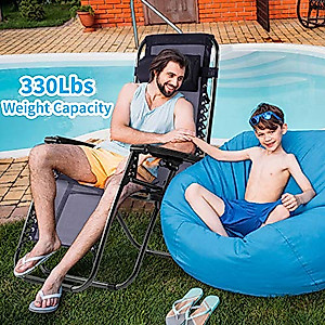 Zero Gravity Chair, Outdoor Folding Adjustable Lounge Chair Chaise 250Lbs Weight Capacity Recliner with Cup Holder Tray and Pillows for Patio, Pool, Beach, Lawn, Deck, Yard - Set of 2 - Blue