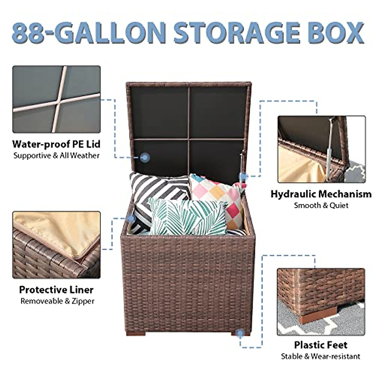 JOIVI PE Wicker Patio Furniture Set, 5 Piece Outdoor Sectional Conversation Sofa Set with Storage Box, Brown Rattan Loveseat Couch Sofa and Tempered Glass Table, Beige Cushions