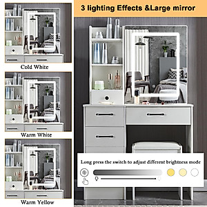 Kkonetoy White Vanity Desk with Lights, Makeup Desk Vanity Set with Sliding Mirror and 5 Drawers, Modern Makeup Vanity Dressing Table with Cushioned Stool for Girls Bedroom Dresser, 30560704LED