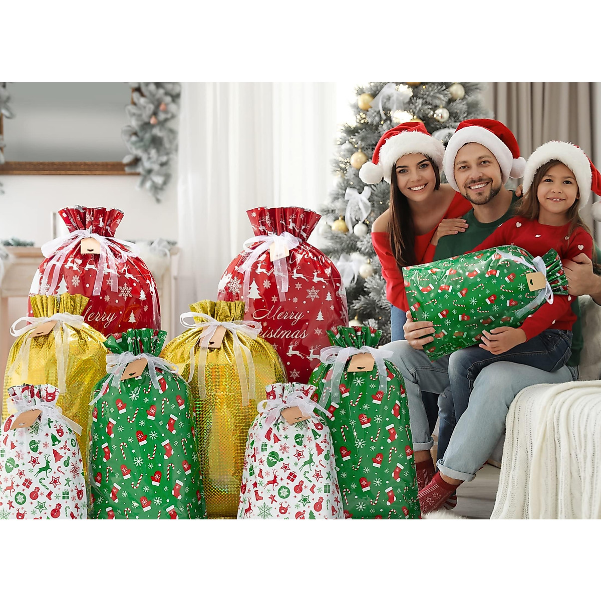 Christmas Drawstring Gift Bags with Tags - 32 PCS Stand Up Thanksgiving Gift Bags Assorted Sizes Large Medium Small Foil Gift Wrapping for Birthday, Goodies, Xmas Holiday Party Decorations Supplies