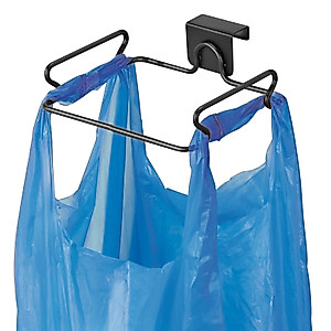 mDesign Over The Cabinet Metal Wire Small Garbage Container, Trash Bag Holder Rack for Recycled Reusable Disposable Plastic Shopping Grocery Bags for Kitchen, Pantry, Garage, Bathroom - Matte Black