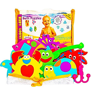Foam Bath Toys - 100% Non-Toxic Floating Puzzles Animals - Early Learning Bathtub Toy - Fun Educational Geometric Shapes for Toddlers Kids Boys Girls - Free Bath Toy Organizer & Fishing Rod