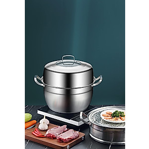 Thick-bottomed Stainless Steel Steamer Pot 2 Tier Food Steamer for Cooking Multipurpose Cookware with Tempered Glass Lid for Vegetable, tamale,Dumpling, egg, Sauce, Food (12.6 INCH)
