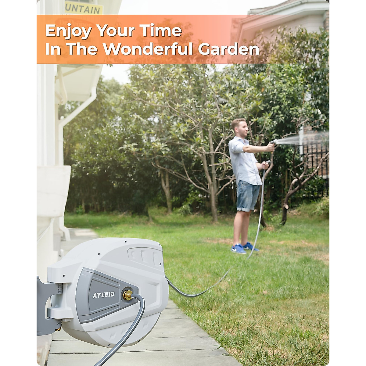 Ayleid Retractable Garden Hose Reel,5/8 in x 100 FT Wall Mounted Hose Reel, with 9- Function Sprayer Nozzle, Any Length Lock/Slow Return System/Wall Mounted/180°Swivel Bracket (Grey)