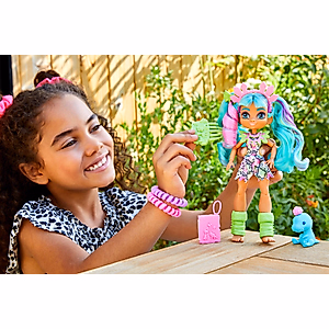 Mattel Cave Club Rockelle Doll (8-10-inch, Teal Hair) Poseable Prehistoric Fashion Doll with Dinosaur Pet and Accessories, Gift for 4 Year Olds and Up