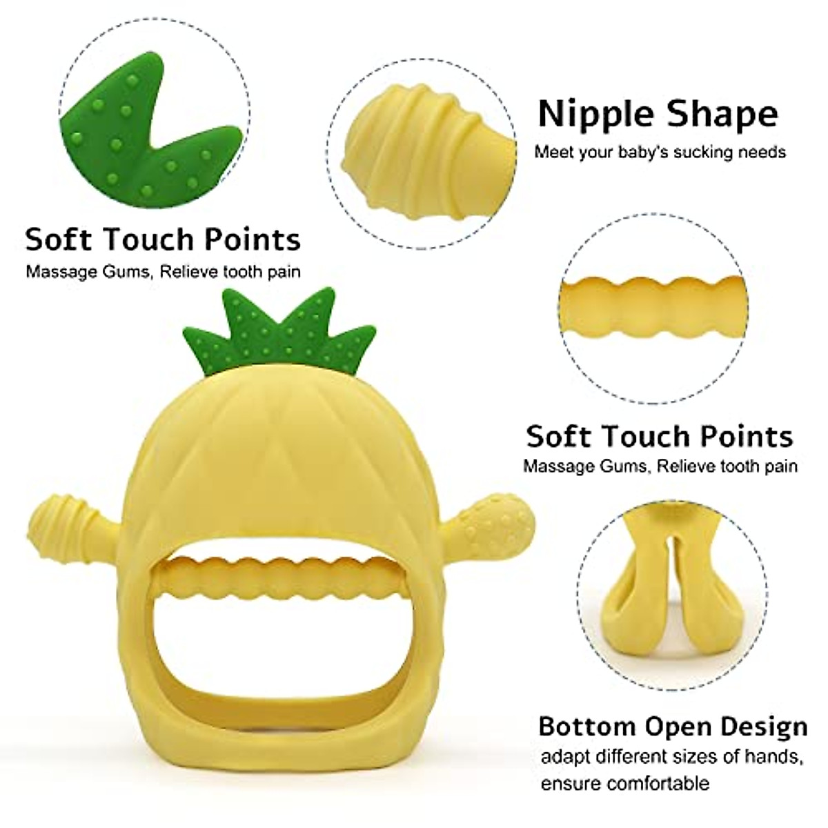 Pineapple Shape Baby Teething Toys, Never Drop Hand Wrist Teether, PAPACHOO Baby Chew Toys for Sucking Needs, Silicone Baby Mitten Teether for Soothing Teething Pain Relief, Easy to Grip (Yellow)