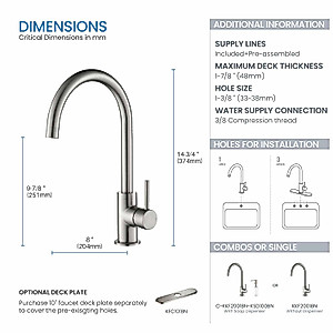 KIBI Lowa Single Handle Bar Sink Faucet with 360 Degree Swivel Spout | Single Hole High Arc Faucet for Kitchen Sink (Brushed Nickel) (KKF2001) (Soap Dispenser included)