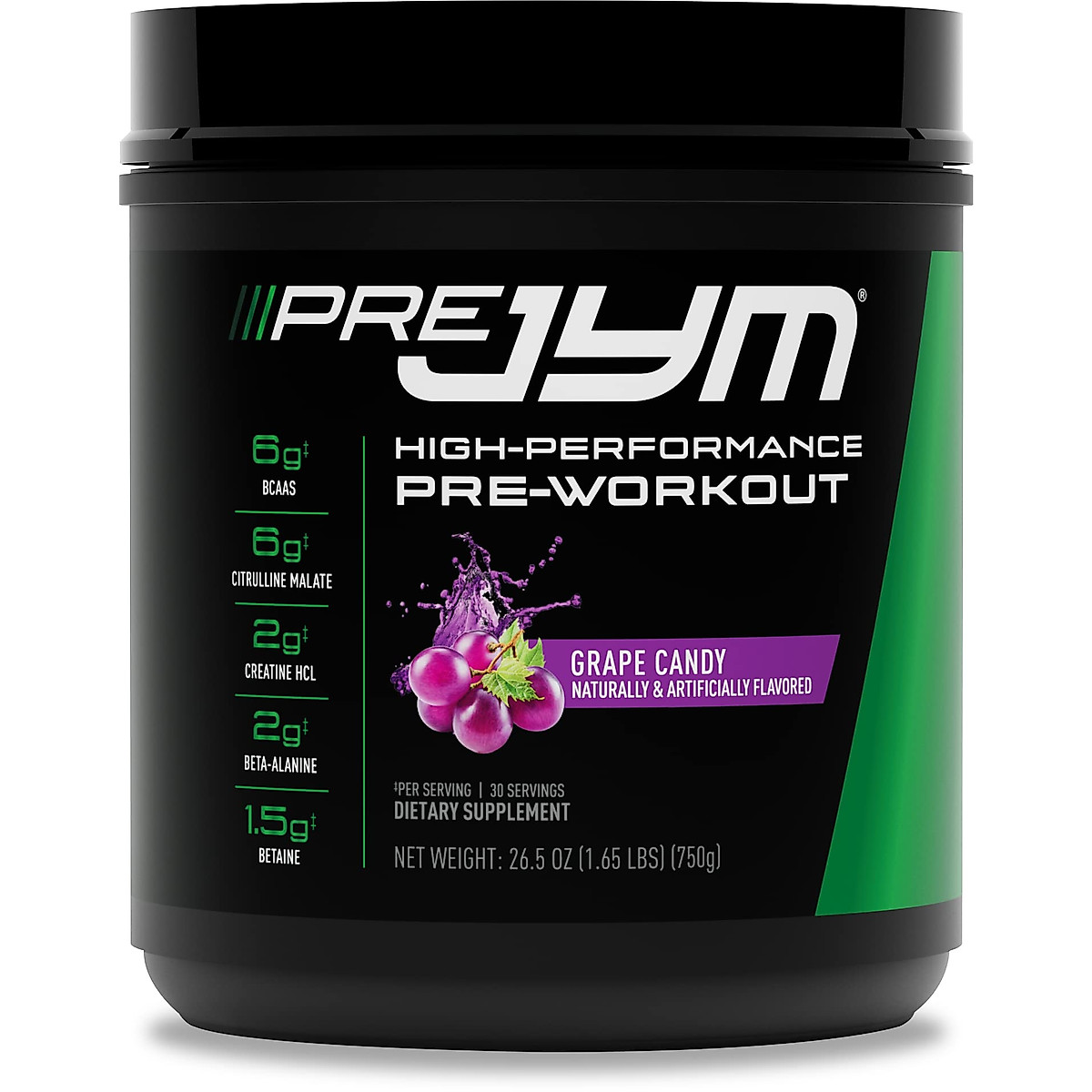 Pre JYM Grape Candy Pre Workout Powder - BCAAs, Nootropics, Creatine HCI, Citrulline, Beta-Alanine, Betaine, Taurine, Huperzine | JYM Supplement Science | 30 Servings
