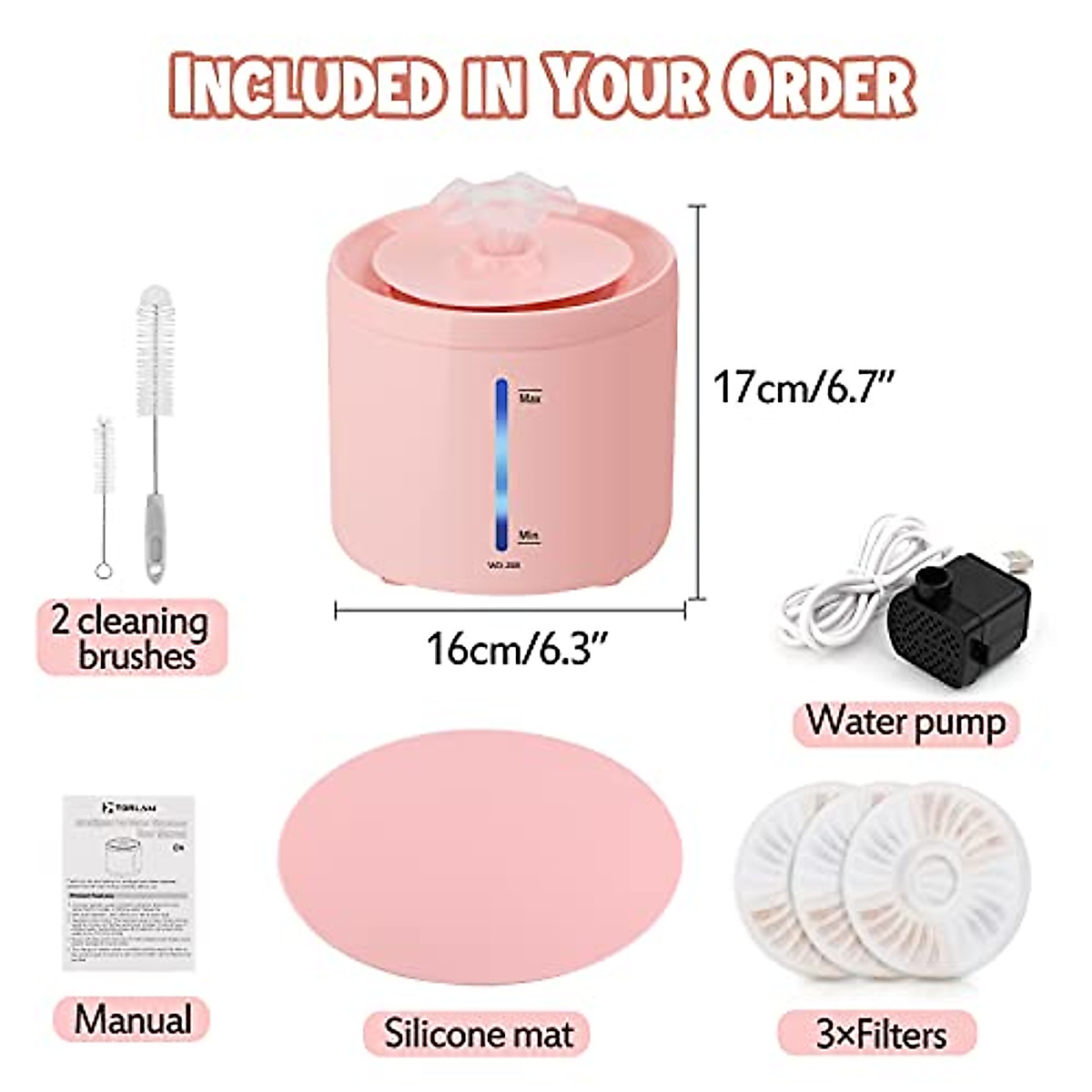 Cat Water Fountains, 67oz/2.0L Pet Water Fountain, Cat Drinking Fountain with Improved Intelligence Water Pump, Kitty Water Fountains Water Bowl for Cats, Cat Water Dispenser with LED and 3 Filters