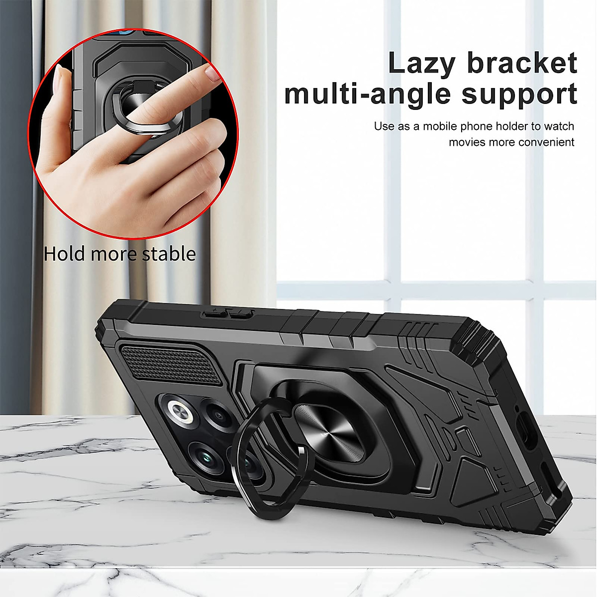 Ailiber Case for OnePlus 10T 5G with Tempered Glass Screen Protector, Ring Kickstand for Magnetic Car Mount, Heavy Duty Shockproof Protective Hard Phone Cover - Black