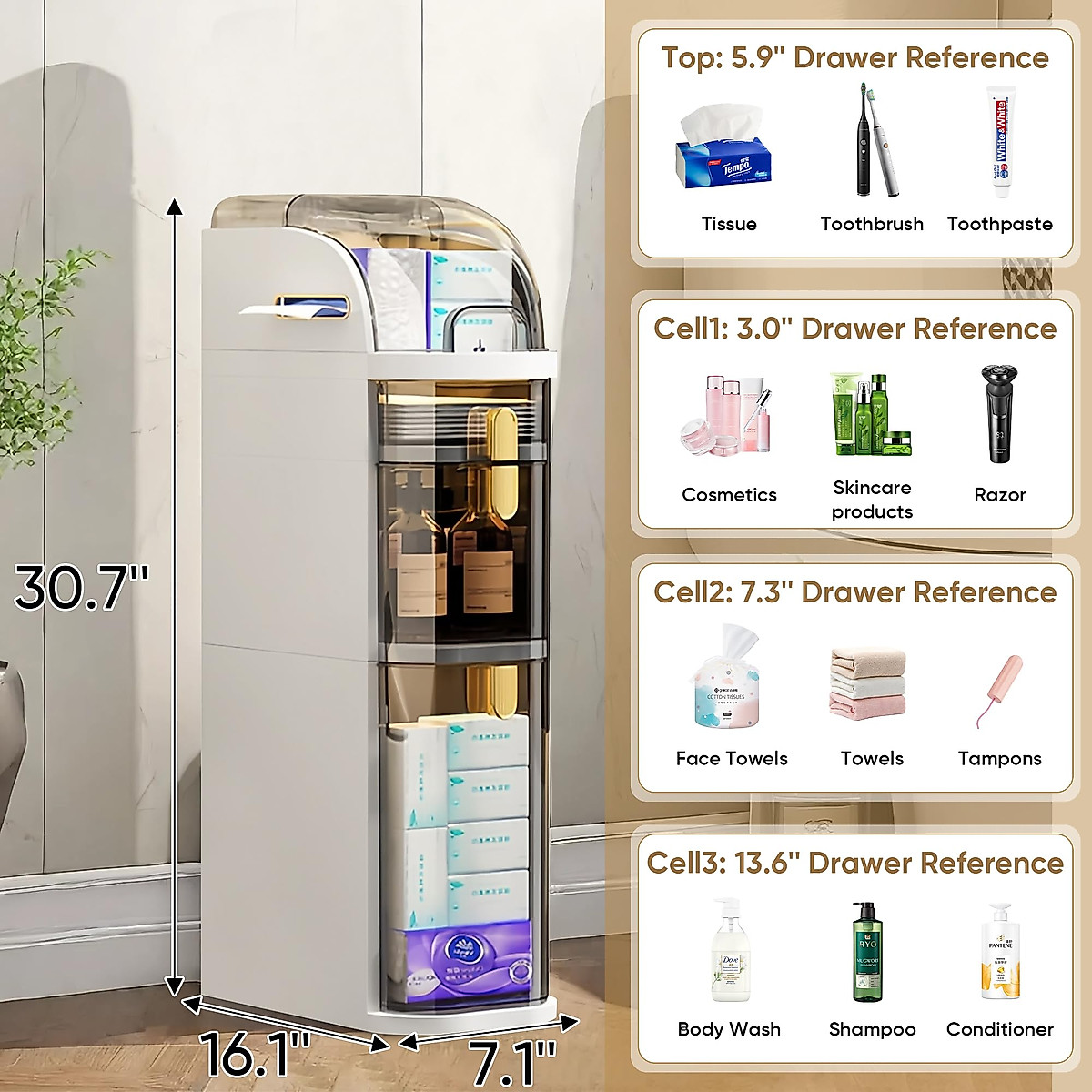 3-Tier Slim Bathroom Storage Cabinet, Waterproof Narrow Bathroom Storage Cabinet with Drawers& Toilet Paper Holder, Movable Bathroom Organizers for Small Space, Kitchen, Laundry,Bedroom,Out of Box