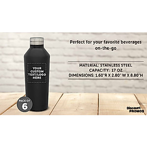 DISCOUNT PROMOS Custom Stainless Steel Water Bottles 17 oz. Set of 6, Personalized Bulk Pack - Double Wall, Perfect for Coffee, Soda, Other Hot & Cold Beverages - Black