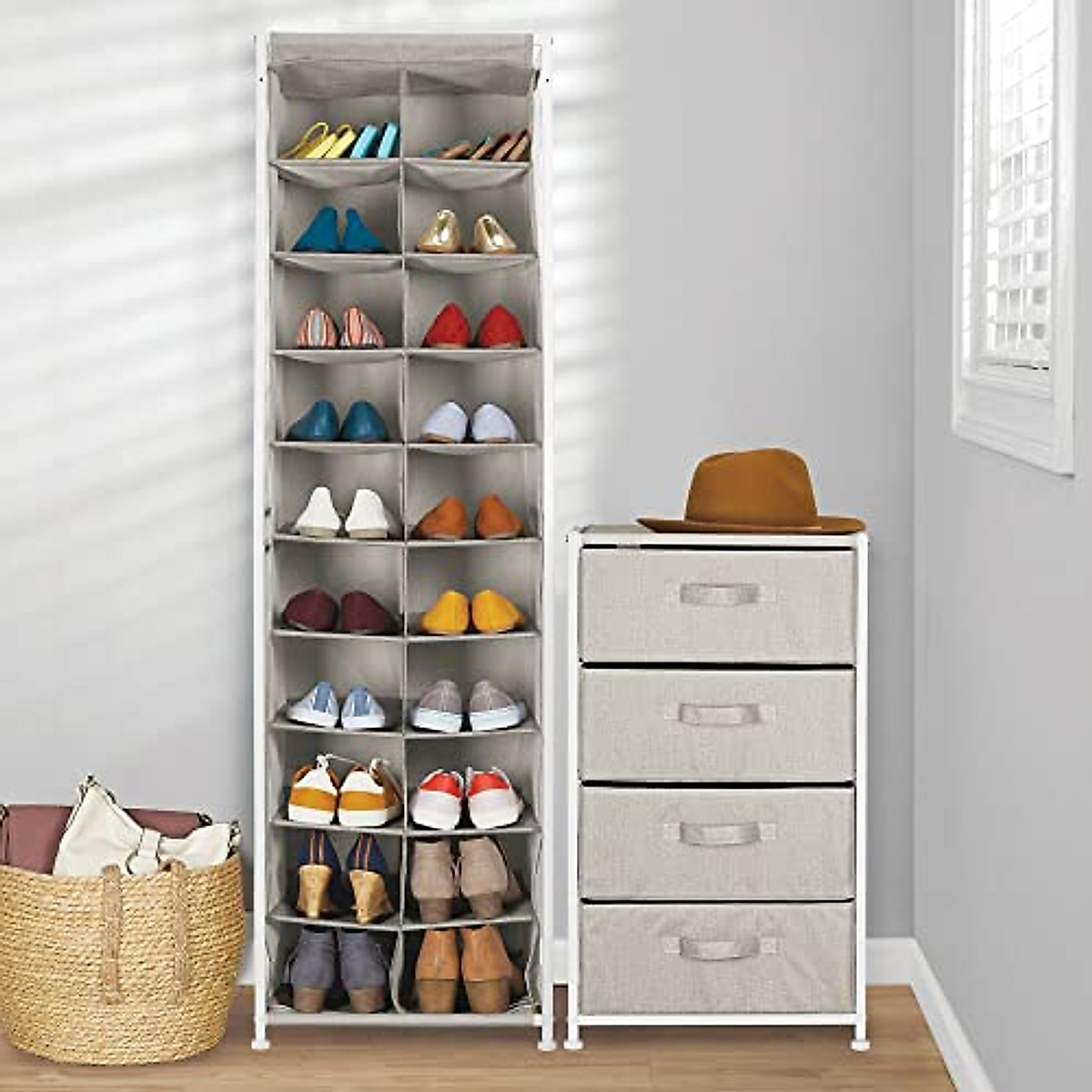 mDesign Vertical Fabric and Metal Standing Shoe Tower Rack & Organizer - 10-Tier Shoe Stand - Holds 20 Pairs of Mens, Womens and Kids Shoes, Easy Assembly - Closet Organization - Linen