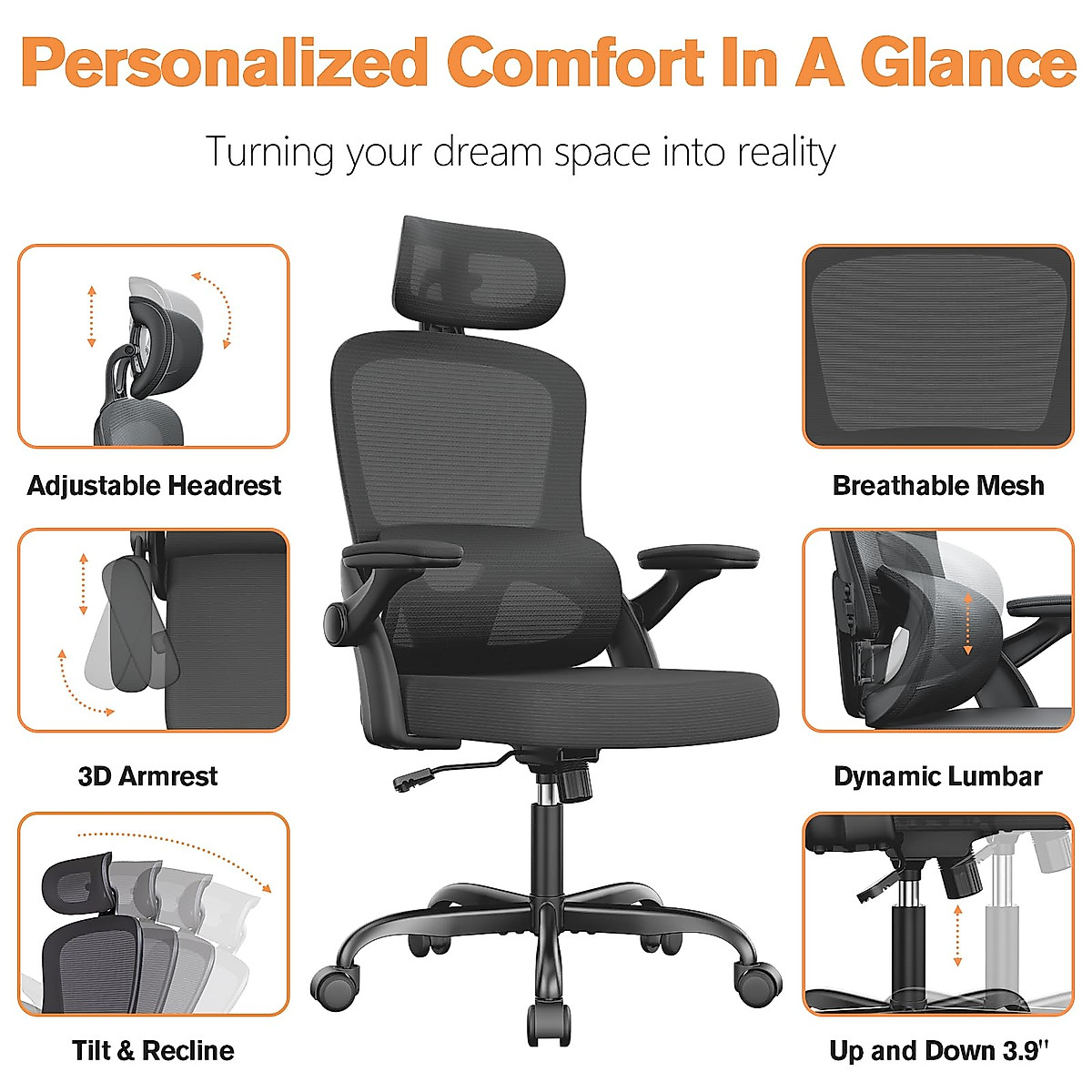 ORRSAKER Ergonomic Office Chair, High Back Computer Chair with Adjustable Lumbar Support, 3D Armrest, Headrest, Mesh Home Office Desk Chair for Work and Study, Ergonomic Chair for Long Hours, Black