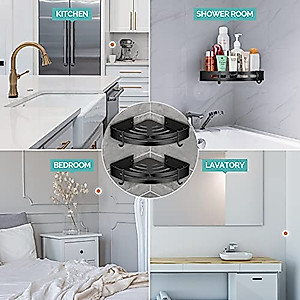 SORGMACH Shower Shelf Corner Adhesive Bathroom Shower Caddy Storage with 4 Removable Hook Holder Sholder Shelf for Wall Toilet Dorm No Drilling Wall Mounted Organizer Basket Kitchen-2 Pack