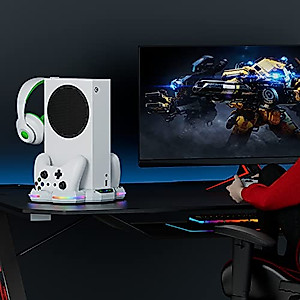 Cooling Fan Stand for Xbox Series S with RGB Light Strip, Wiilkac Upgraded Dual Controllers Charging Dock Accessories with 2 X 1400mAH Rechargeable Battery Pack, Headset Hook & USB Ports - White