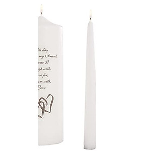 Celebration Candles Wedding Unity Candle Set, with 9-inch Pillar with Double Heart Motif and This Day I Marry My Friend Verse, with 10-inch Taper Candles, White