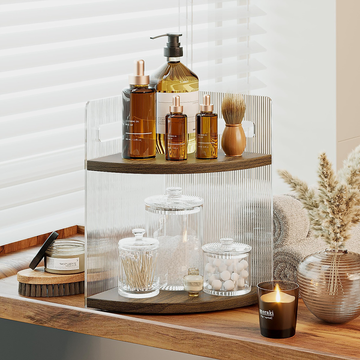 NLBTW 2-Tier Wood Corner Bathroom Countertop Organizer, Vanity Shelf Perfume Skincare Organizers Bathroom Counter Storage and Organization for Vanity (Brown)