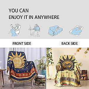 CUEERBOT Sun and Moon Stars Throw Blanket Celestial Tapestry Double-Sided Reversible Woven Cotton Home Decor Bedding Chair Couch Recliner Cover Loveseat Rug Tassels Blue Yellow