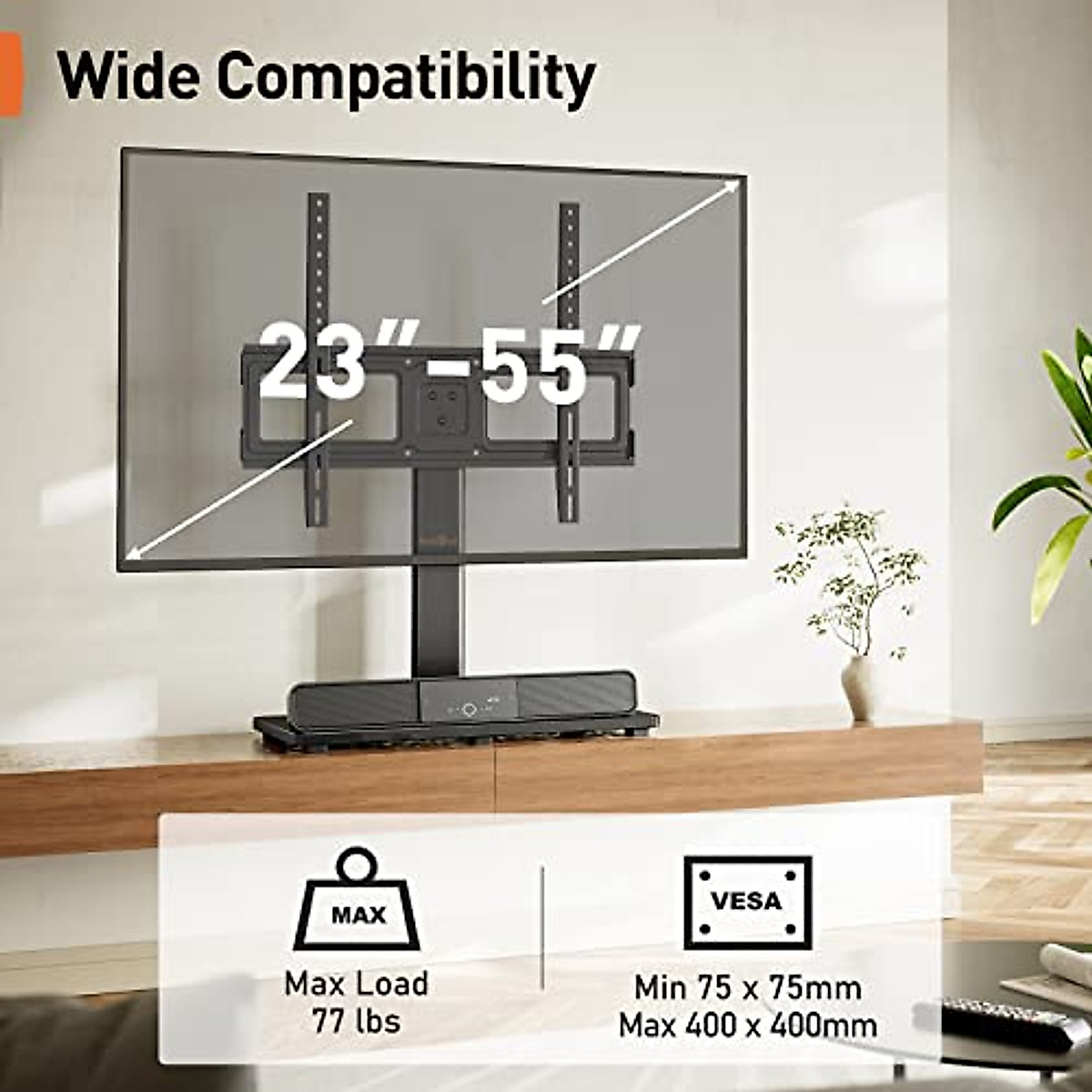 Perlegear Tabletop TV Stand, Universal TV Stand for 23–55 Inch LCD/LED/OLED TVs, Height-Adjustable with Tempered Glass Base & Cable Management, Holds up to 77 lbs, VESA 400x400mm, PGTVS02