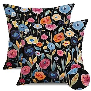 DFXSZ Outdoor Pillow Covers 18x18 Inch Set of 2 Colorful Flower Decor Black Throw Pillow Covers Outdoor Summer Waterproof Pillow Covers Decor for Patio Funiture Garden Sofa Couch 7F18