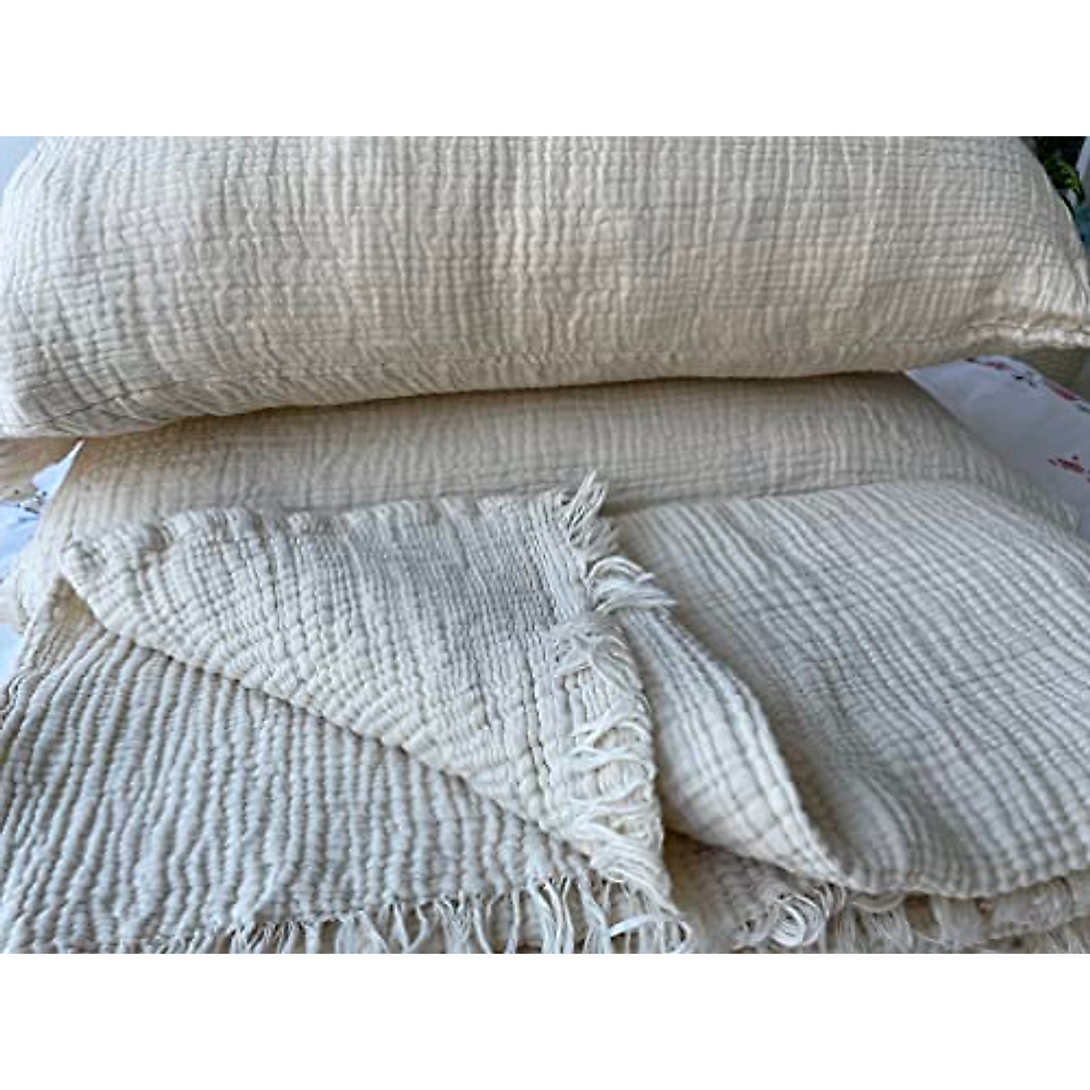 Muslin Blanket 100% Cotton, 4 Layers Bedspread, Soft Turkish Cotton Muslin Bed Cover, Reversible Coverlet, Ivory (King Size 95x102-230x260cm)