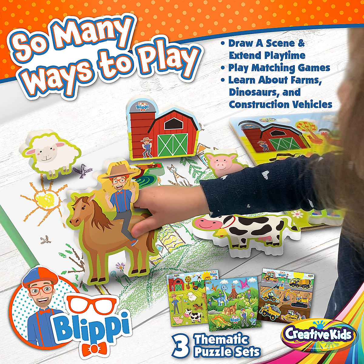 Blippi Toys for Kids by Creative Kids - 3 Chunky Puzzles for Toddlers - Wooden Animal Dinosaur Construction Puzzles - Toddler Puzzles Educational Learning Gifts Wooden Toys for Kids Ages 2+