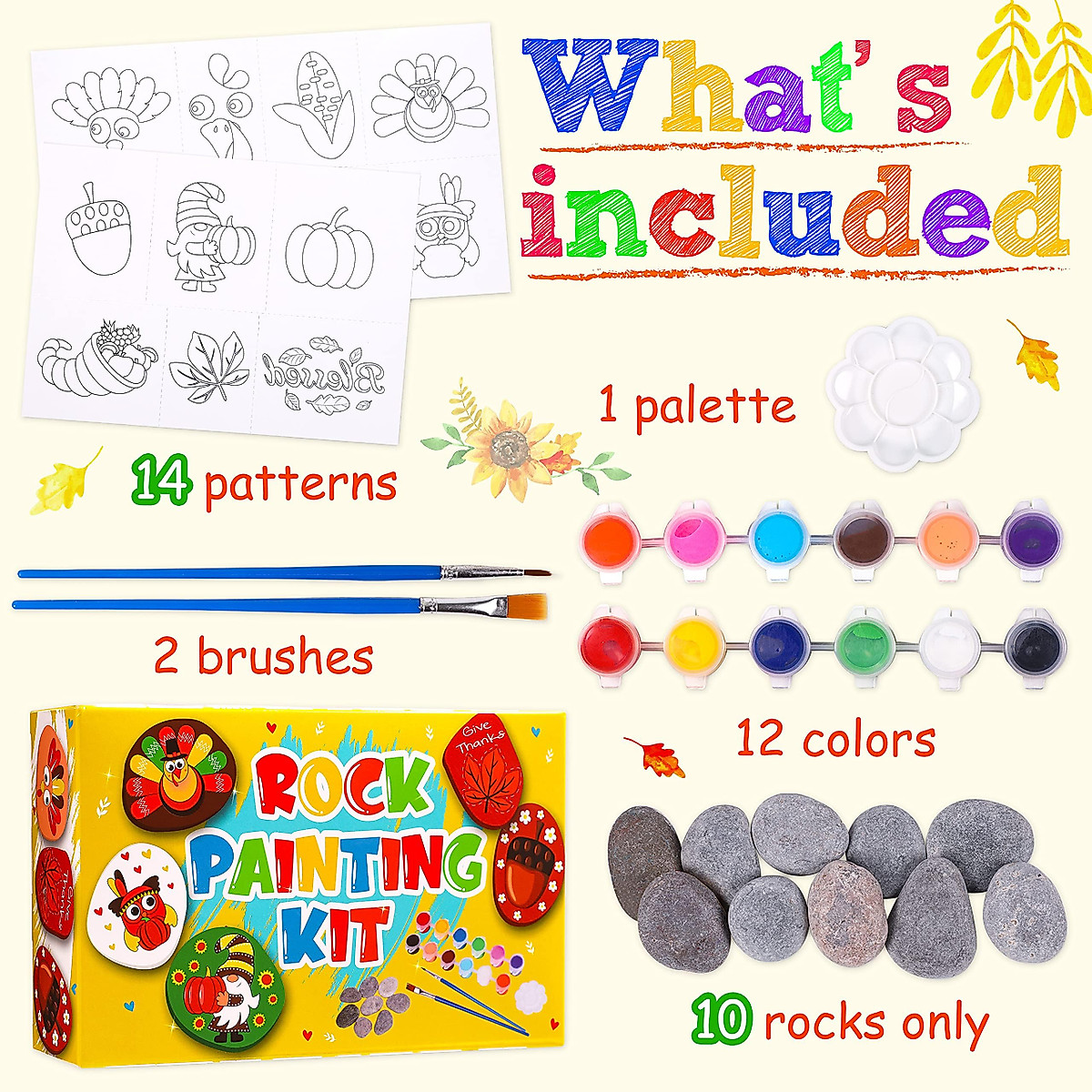 Fall/Thanksgiving Rock Painting Kit - Arts and Crafts for Kids Ages 8-12 - includes DIY Stones, Water Paint, Tattoos, Party Favors/Birthday Gifts/Toys/Creativity Classroom Activity for Girls Boys