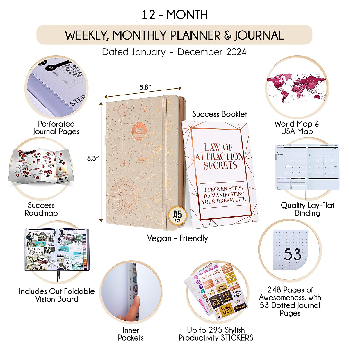 Law of Attraction Planner 2024-2024 Planner Weekly and Monthly, Hourly Planner, Daily Planner, Daily Gratitude Journal, Positive Habit Maker, Vision Board, Planner Stickers & Gift Box