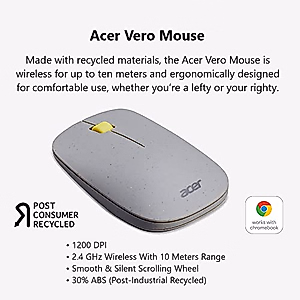 Acer Vero 3 Button Mouse | 2.4GHz Wireless | 1200DPI | Made with Post-Consumer Recycled (PCR) Material | Certified Works with Chromebook | Gray