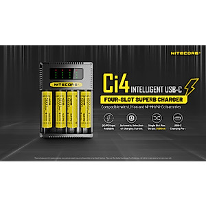 Nitecore Ci4 Four Bay Universal Battery Charger Support 16340 14500 18650 21700 Lithium Ion AA AAA Ni-MH Ni-CD, USB-C QC PD with Lumentac Battery Organizer