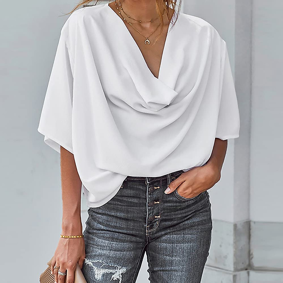 Janepam Womens Tops Shirt Chiffon Solid Color Plain 3/4 Sleeve Long Sleeve Batwing Plus Size V-Neck Loose Baggy Oversized Blouse(A White,M)