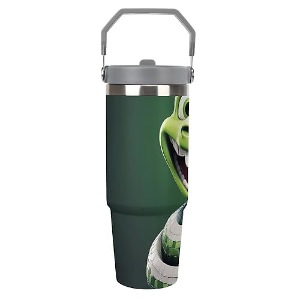 RTFGHJS Cartoon Snake Green 30 Oz Tumbler with Handle And Flip Straw, Stainless Steel Vacuum Insulated Travel Mug, Thermal Cup for Coffee, Water, Iced Drinks, Fits Car Cup Holders (Home, Sports)