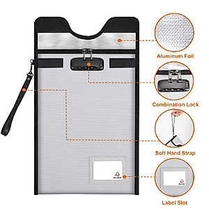 Fireproof Document Bag with Lock (5200℉), 15”x 11”Fireproof Money Bag, Waterproof Zipper Pouch for A4 A5 Legal Letter Size Document, Tablet, Valuables, Jewelry, Cash and Passport