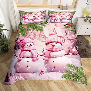 Manfei Cute Snowman Bedding Set for Kids Girls Girly Pink Scarf Comforter Cover Winter Style Snow Duvet Cover Kids Girls Room Decor Happy New Year Bedspread Cover Queen Bedding Collection 3Pcs