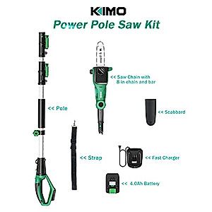 Pole Saws for Tree Trimming, KIMO 13-Foot Max. Reach Telescoping Cordless Electric Pole Saw, 20V Battery Powered Pole Chainsaw w/ 8-Inch Cutting Bar, 18ft/s Speed, Automatic Chain Lubrication System