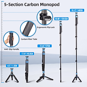 SIRUI P-325FS Monopod with Feet, 55" Carbon Fiber Monopod for Cameras, Professional Lightweight Travel Monopod, Max Load 22lbs, 360° Panorama, 5-Section, Quick Release Plate