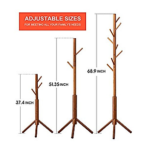 BMOSU Bamboo Coat Rack Freestanding Stand Tree Adjustable Coat with 3 Sections 8 Hooks Easy to Assemble Standing Coat Jackets Hanger for Bedroom Office Hallway Entryway Brown