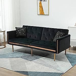 HomSof Black Loveseat Sleeper Bed, Small Couch for Bedroom, 2 Seater Mid Century Modern Velvet Sofa with Metal Legs