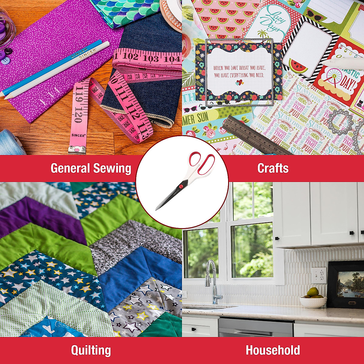 SINGER Fabric Scissors with Comfort Grip, 1-pack, Red & White