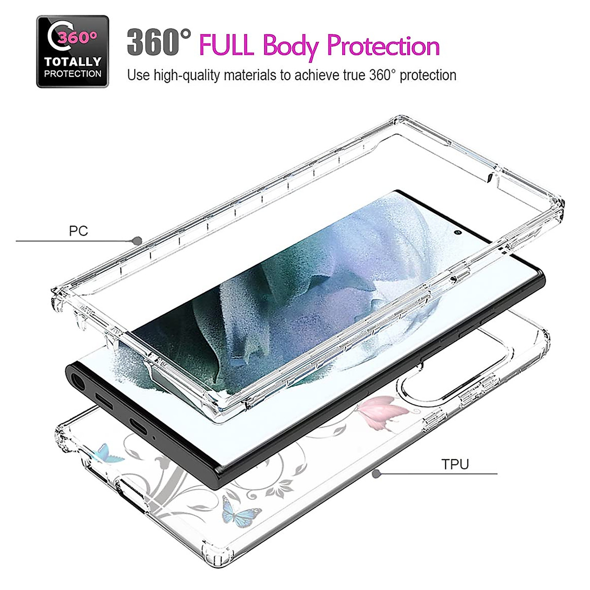 Vavies Case for Galaxy S22 Ultra Case, SM-S908U Case with Tempered Glass Screen Protector, Full Body Clear with Floral Protection Phone Cover Cases for Samsung Galaxy S22 Ultra 5G (Butterfly Tree)