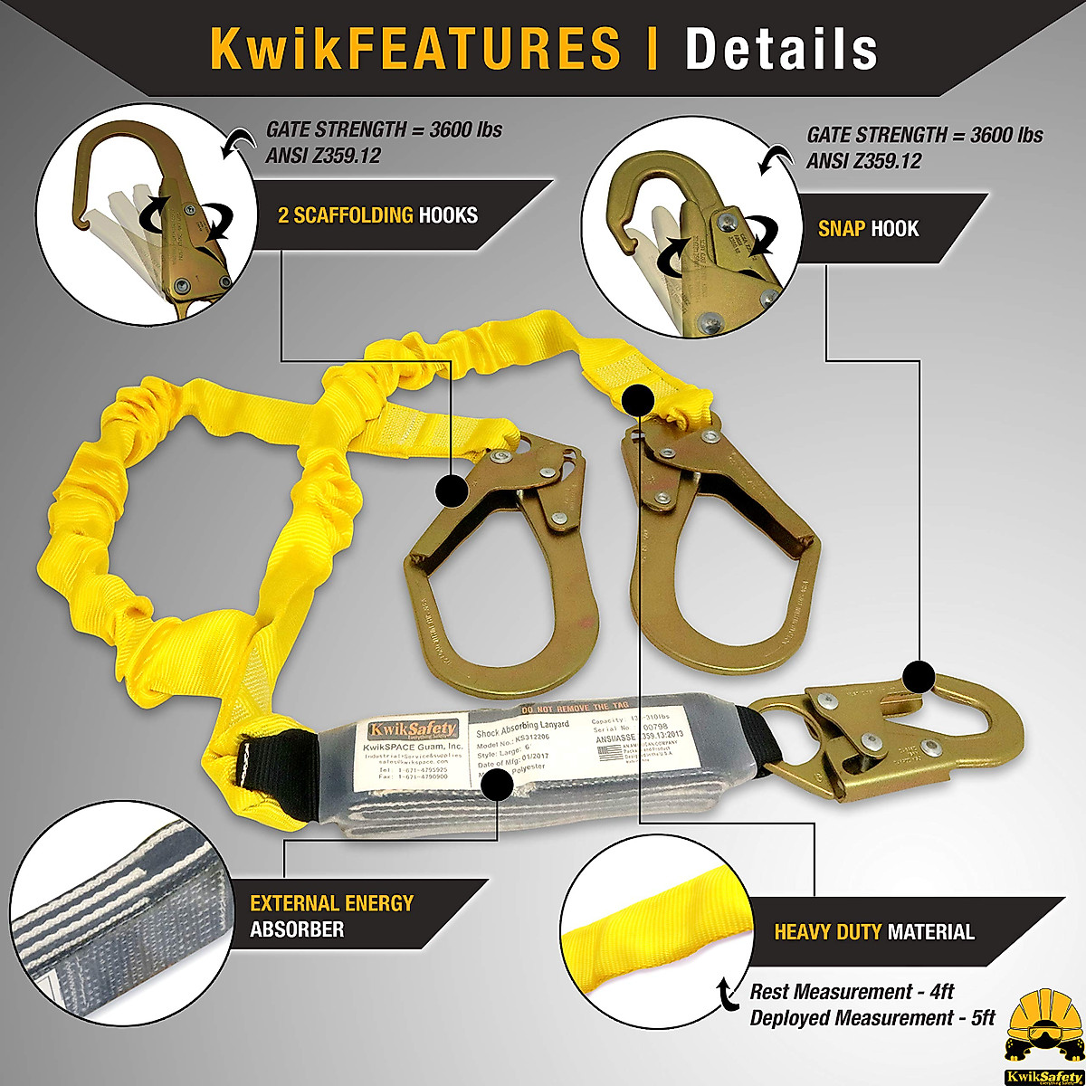 KwikSafety - Charlotte, NC - PYTHON [External Shock Absorber] Double Leg 6ft Safety Lanyard OSHA ANSI Fall Protection Restraint Equipment Snap Rebar Connectors Construction Arborist Roofing