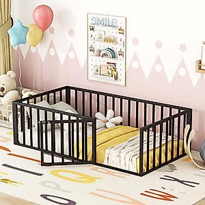 Twin Size Floor Bed for Kids, Montessori Beds with Rails and Door, Metal Playhouse Bed Frame with Fence for Boys Girls, Black