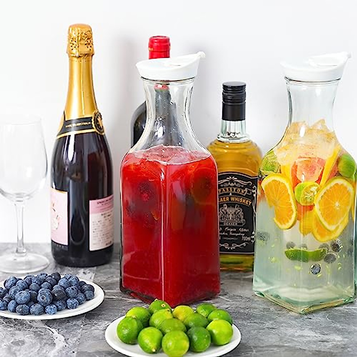 CUCUMI 3pcs 50oz Glass Carafe with Lids, 1.5 Liter Glass Water Pitcher Juice Containers Beverage Jugs for Mimosa Bar, Iced Tea, Cold Beverage, Milk