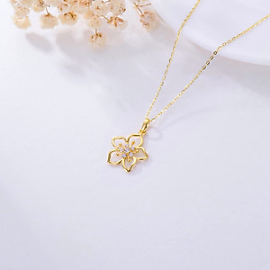 Rikelus 14k Real Gold Cherry Blossom Necklace for Women,Yellow Gold flower Pendant Necklace with moissanite Gifts for Birthday Christmas 16+2 inch