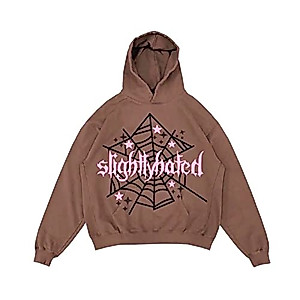 ZJLJAYCHOU Women's Men's Y2k Hoodie Spider Web Graphic Print Sweatshirt Gothic Oversized Jackets (Brown, XL)
