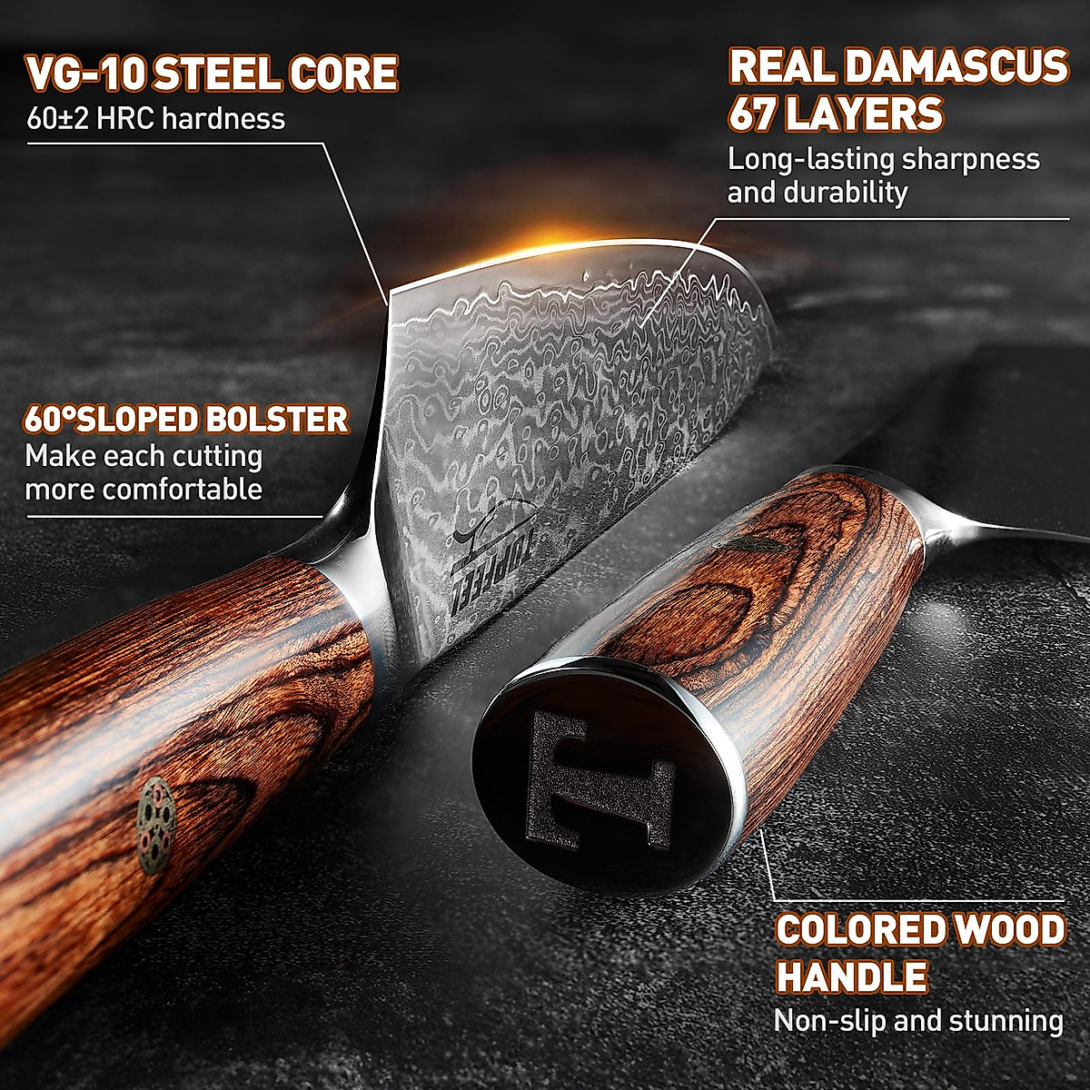 Damascus Kitchen Knife Set 3 PCS, Ultra Sharp Chef Knife Set With Japan VG-10 Steel Core, Professional High Carbon Steel Japanese Knife Sets for Cooking With Ergonomic Wooden Handle & GIFT BOX